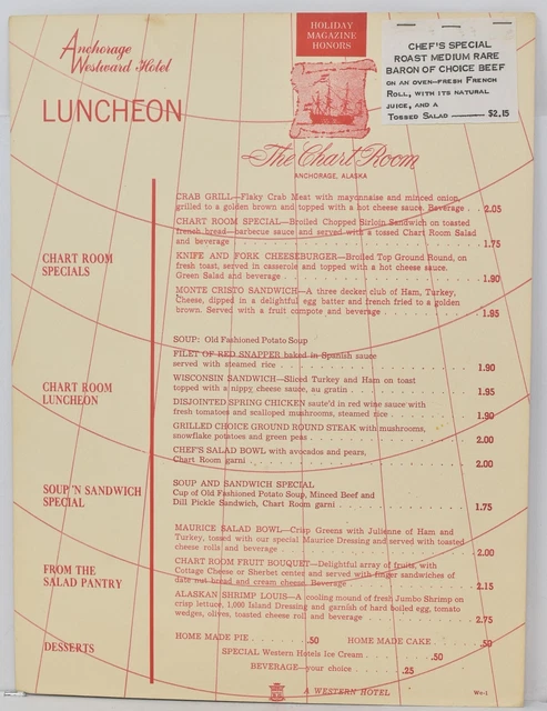VINTAGE 1960S THE Chart Room Restaurant Menu Westward Hotel Anchorage ...