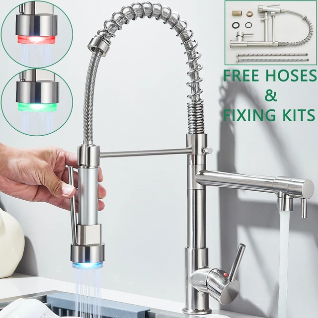 LED KITCHEN SINK Mixer Tap Pull Out 360° Dual Spout Spray Mono Single ...