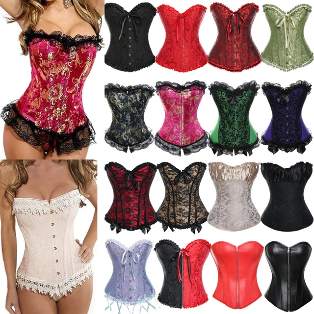 Womens Lace Up Overbust Boned Satin Corset Bustier Burlesque Basque Top