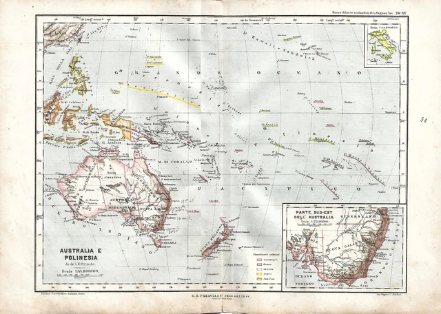 CARTA GEOGRAFICA ANTICA AUSTRALIA POLINESIA in EPOCA COLONIALE 1889 ...