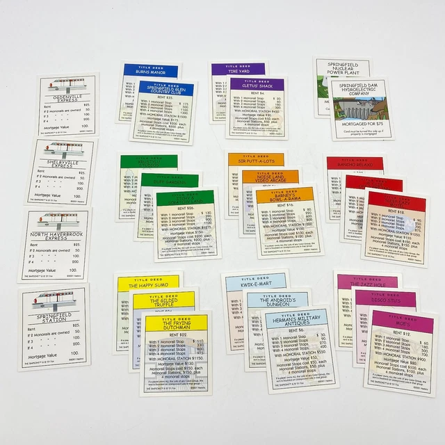 28 TITLE DEED Cards The Simpsons Monopoly Token 2001 Replacement Pieces ...