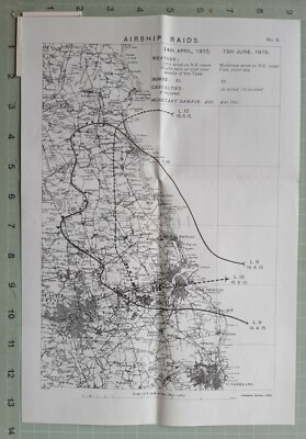 1930 WW1 MAP ZEPPELIN ENGLAND AIRSHIP RAIDS 14th APRIL 1915 BOMBS ...