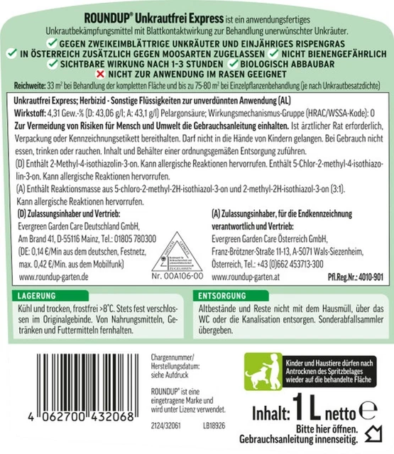 ROUNDUP EXPRESS UNKRAUTFREI 1l Unkrautvernichter Unkrautex gegen ...