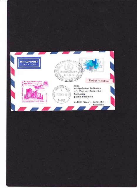 4. UFSG-GRUSSFLUGPOST MOERS-UNO Wien mit rücks. UNO Ankunftsstempel ...