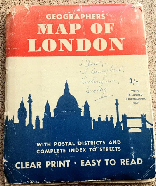 1960S GEOGRAPHERS MAP of LONDON Underground Theatres indexed and folded ...