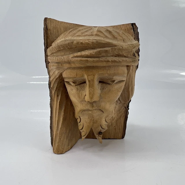 WOOD CARVED JESUS Christ Savior Face Tree Christianity Decor 4.5" Tall ...