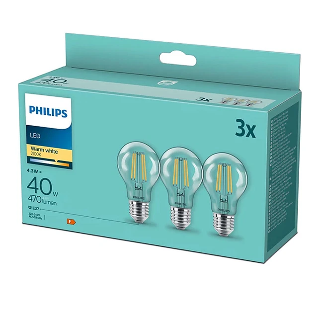 3 X PHILIPS LED Filament Lampe Classic Birne A60 7W =60W E27 klar 806lm warmweiß EUR 9,98 ...