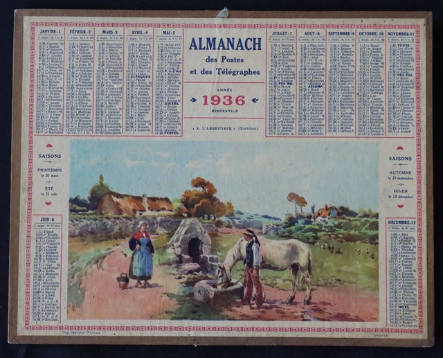 1936 CALENDRIER ALMANACH PTT POSTES OBERTHUR A l'abreuvoir Morbihan EUR ...