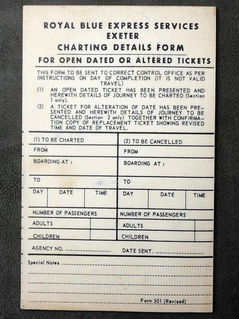 ROYAL BLUE EXPRESS Service Exeter Devon Charting Details Form Ticket ...