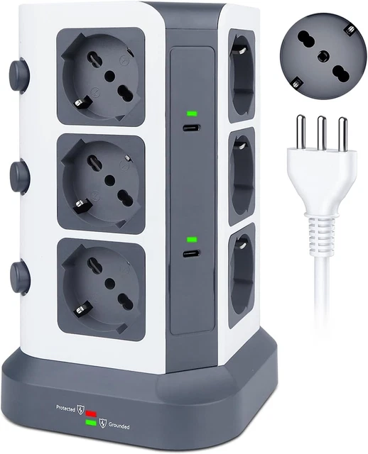 CIABATTA MULTIPRESA CON USB C, Torretta Multipresa Elettrica Con 12 ...