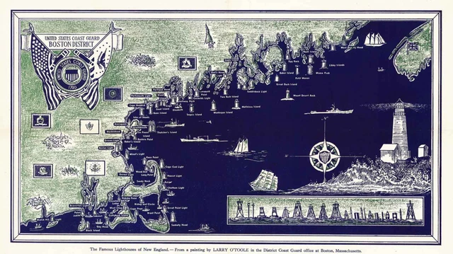 1940S US COAST Guard New England Pictorial Map Lighthouses 9x16 Wall ...