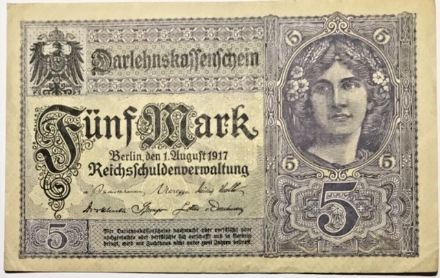 DEUTSCHES REICH 5 Mark 1917 Papiergeld Banknoten Geldschein echt ...
