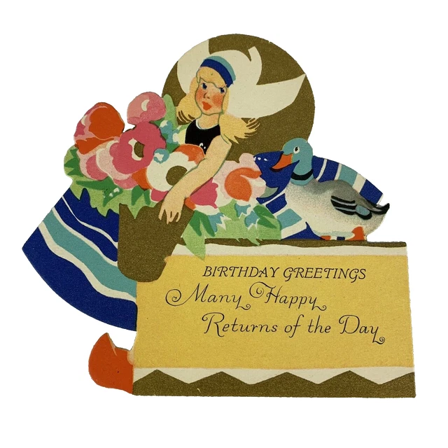 Vintage Volland Co Birthday Greetings Card Art Deco Dutch Girl Flowers Duck 1200 Picclick Ca