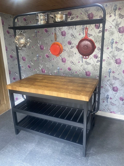 KITCHEN ISLAND & Rack Black Oak & Butchers Block Ikea Vadholma ...