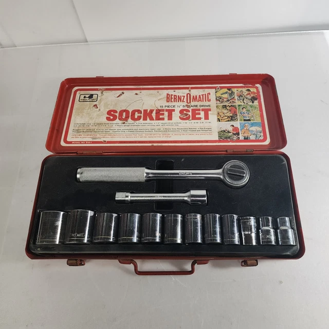 RARE VINTAGE BERNZOMATIC 15pc Socket Set 1/2" Sq. Drive With Metal Case ...