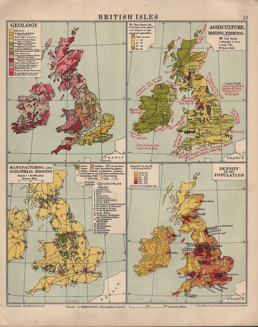 1935 MAP ~ British Isles Geology Agriculture Industrial Population ...