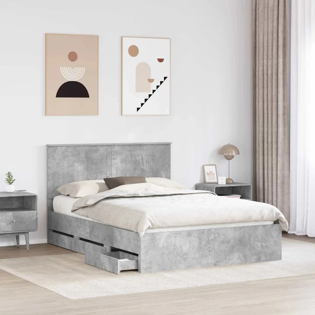 BED FRAME WITH Drawer Concrete Grey 135 x 190 cm Engineer Wood vidaXL £ ...