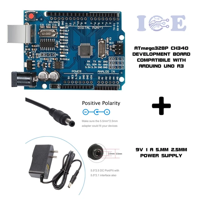 ATMEGA328P DEVELOPMENT BOARD + 9V 1A Power Supply Compatible with ...