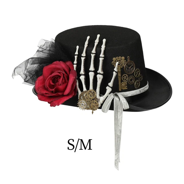 WOMEN MEN STEAMPUNK Top Hat with Flower Skeleton Hand Gothic Headgear ...