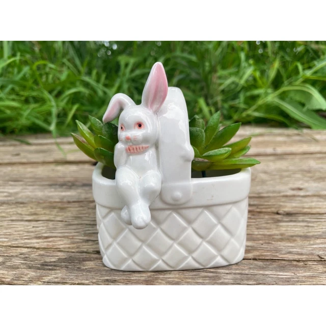 VINTAGE FITZ & Floyd Ceramic Basket Planter with Bunny Rabbit Easter ...