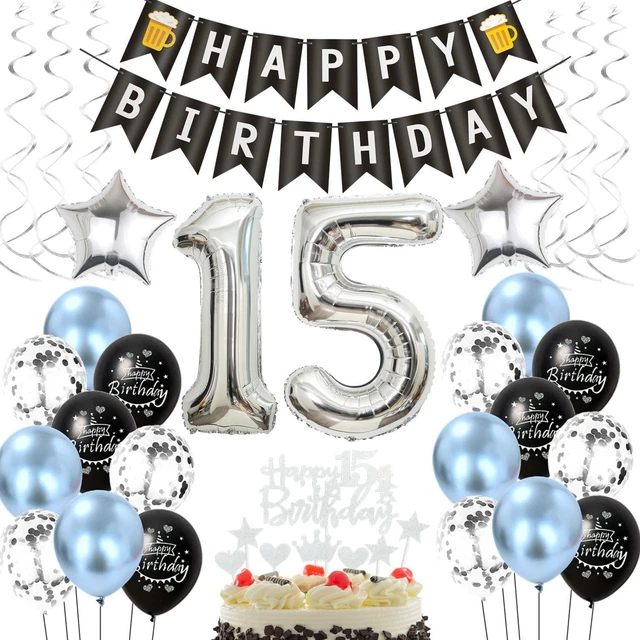 SCHWARZ SILBER LUFTBALLON 15 Geburtstag Deko Mädchen Junge, 15 Jahre Junge Gebur EUR 18,95 ...