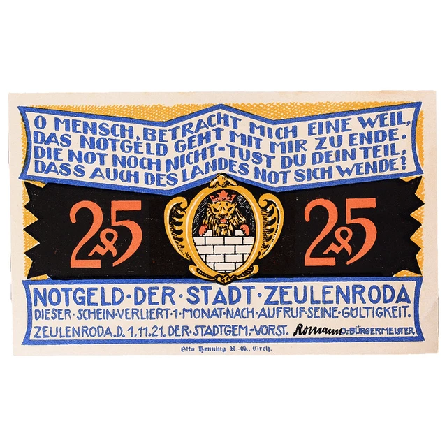 [#286393] BILJET, DUITSLAND, Zeulenroda, 25 Pfennig, place, 1921 SPL ...