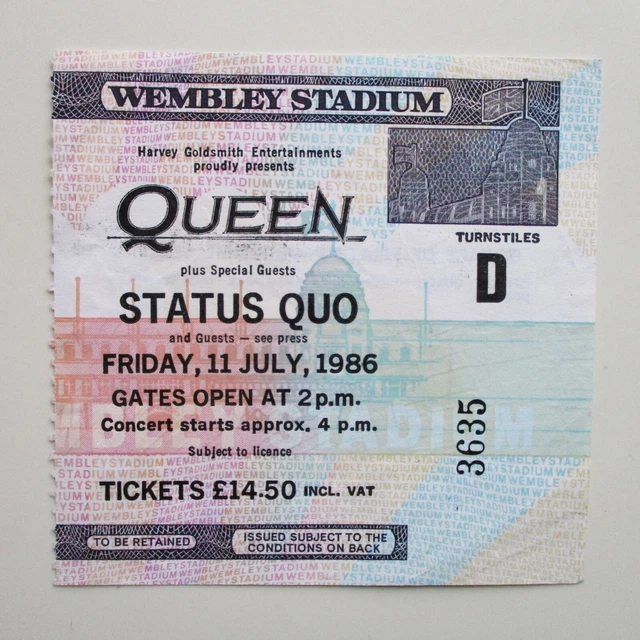 QUEEN WEMBLEY STADIUM 11th July 1986 Concert Ticket Stub Freddie ...