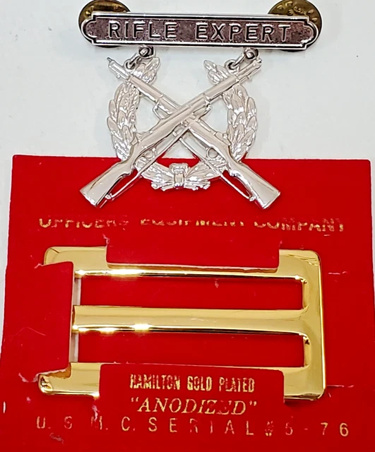MARINE CORPS INSIGNIA Badge Rifle Expert USMC + 5-76 Buckle Gold Plate ...