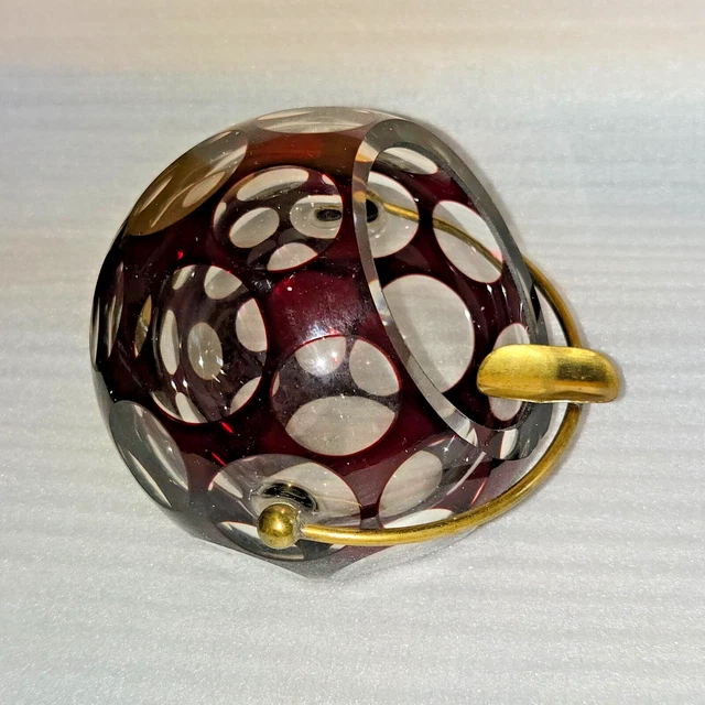 ART DECO STYLE Burgundy Cut Glass Round Orb Ashtray Brass Cigarette ...