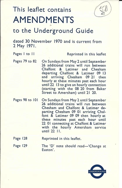 LONDON TRANSPORT AMENDMENTS To The Underground Guide Dated 30 Nov 1970 ...