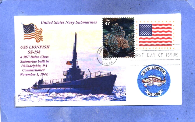 USS LIONFISH SS-298 USN Submarine WW II Battleship Cove Flag First Day ...