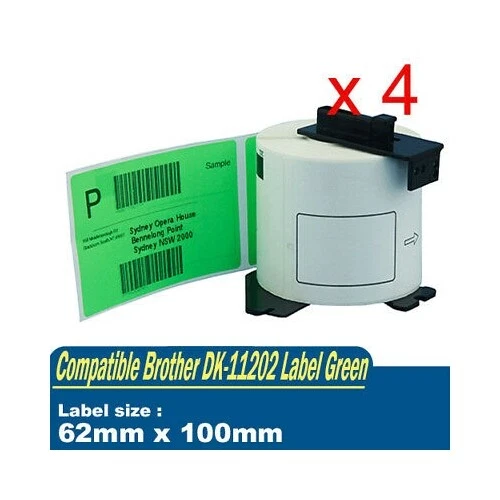 4X COMPATIBLE FOR Brother DK-11202 Die-Cut Green Shipping Label 62mm x ...