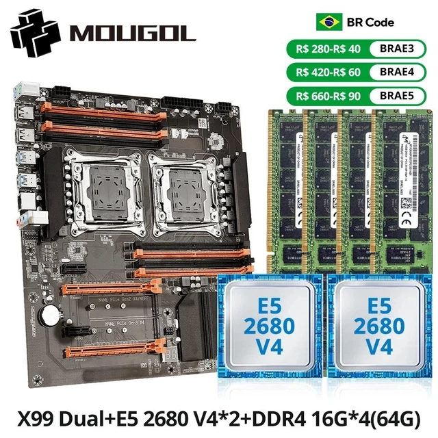X99 DUAL CPU Gaming Motherboard Set Lntel Xeon E5 2680 V4&DDR4 64GB (4 ...