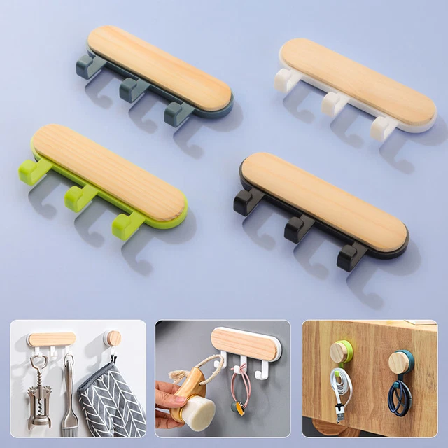 WOODEN WALL-MOUNTED STORAGE Hooks Rack Self-Adhesive Key Holder Hanger ...