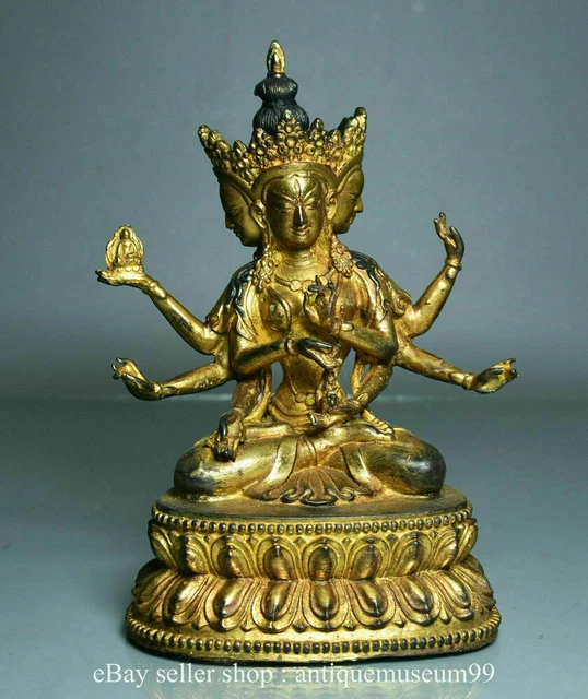 7.2& OLD TIBET Bronze Gilt 3 Head 8 arms Ushnishavijaya Buddha Statue ...