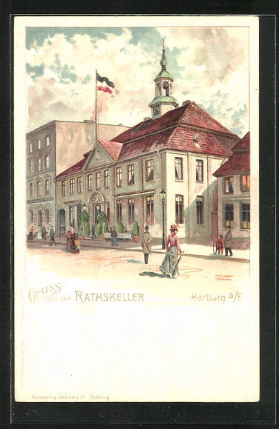 LITHOGRAPHIE HAMBURG-HARBURG, GASTHAUS Rathskeller und Flaneure EUR 13 ...