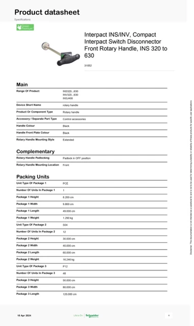 SCHNEIDER ELECTRIC - Extended Standard Rotary Handle INS 320 to 630 / ...