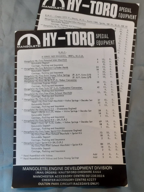 MANGOLETSI HI-TORQ TUNING LEAFLETS 1970’s Mini Cooper/Sprite/MGB £2.49 ...
