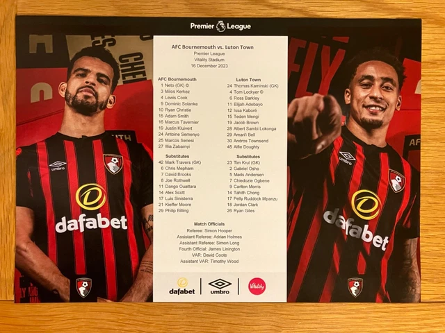 AFC BOURNEMOUTH V Luton Town 16 December 2023 Club Format A4 Colour ...