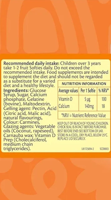 HALIBORANGE CALCIUM & Vit D Softies 60'sStrawberry Flavour Softies for ...