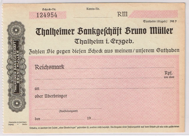 CHEQUE THALHEIMER BANKING business Bruno Müller, 1930s, Saxony, German ...