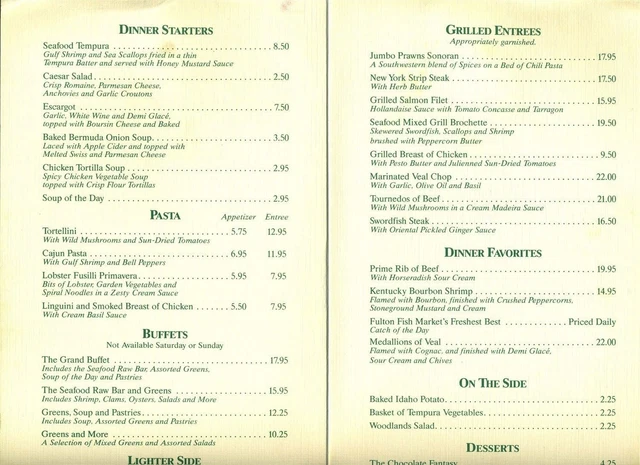 THE WOODLANDS RESTAURANT Menu Stouffer Westchester Hotel White Plains ...