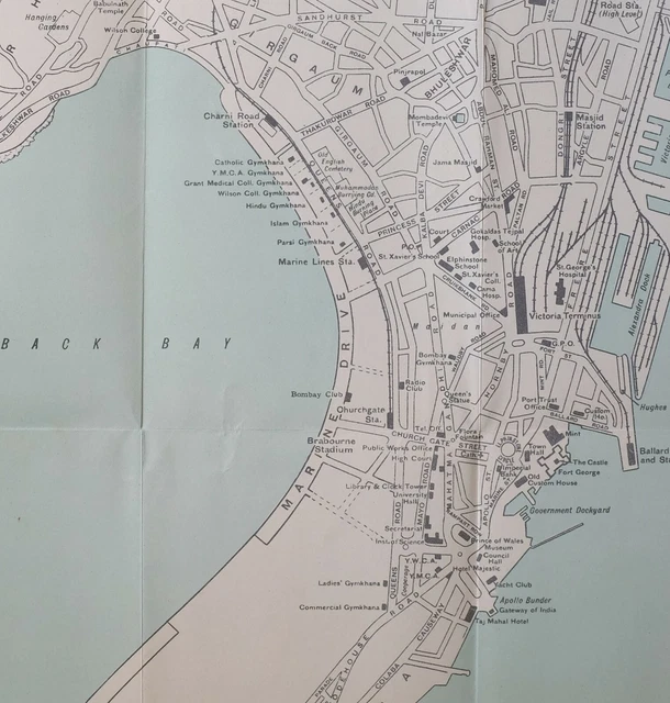 1955 INDIA INDIAN Pakistan Tourist Map Bombay Island Fort George ...