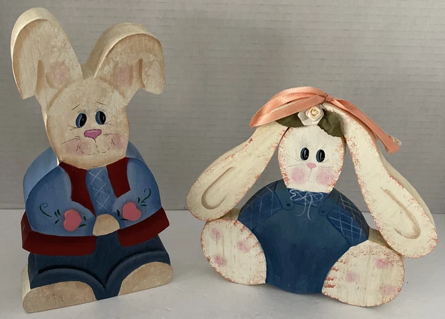 VINTAGE PRIMITIVE FOLK Art Hand Painted Bunny Rabbits, Set of 2 $28.99 ...