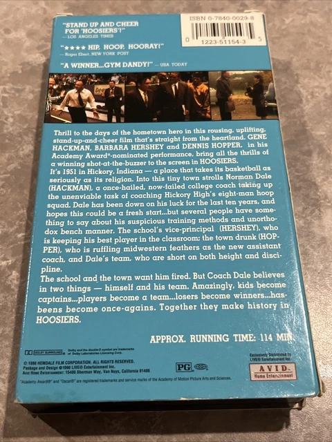 HOOSIERS (VHS, 1988) Gene Hackman, Barbara Hershey, Dennis Hopper $5.50 ...