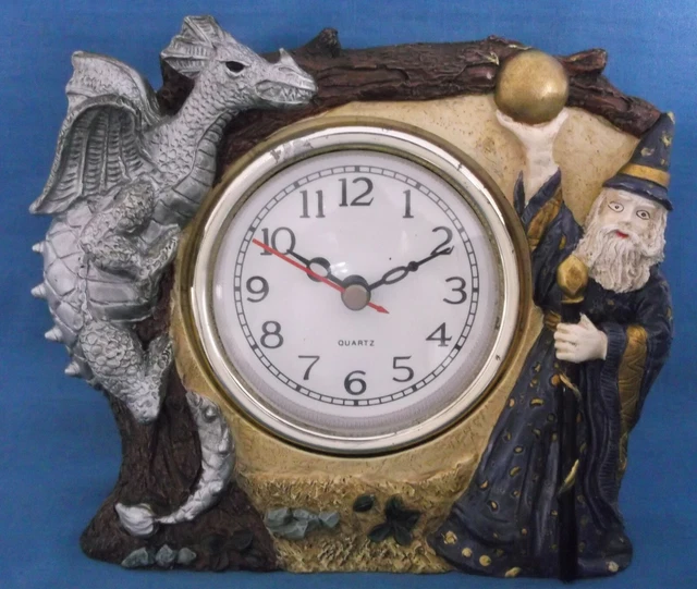 WIZARD MERLIN SORCERER Silver Dragon Quartz Magic Fantasy Clock Working ...