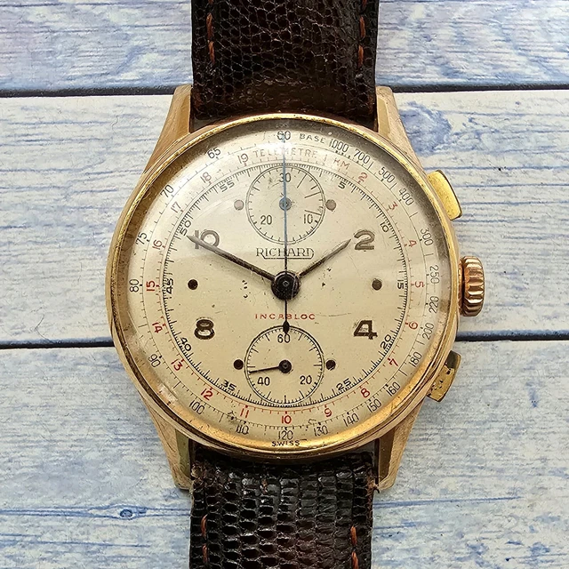 VINTAGE 18K SOLID Gold Richard Chronograph Men's Watch 18ct Cal Valjoux ...