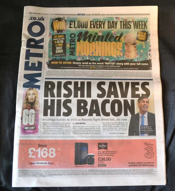 THE UK METRO Newspaper 13/12/23 December 13th 2023 Rishi Sunak Rwanda ...