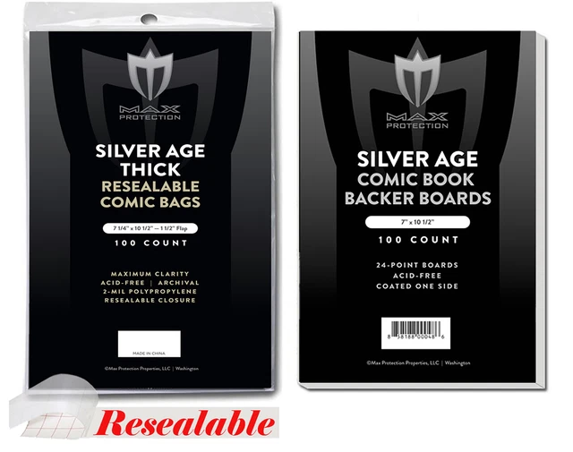 200 PREMIUM RESEALABLE Silver THICK Comic Max Book Bags Acid Free ...