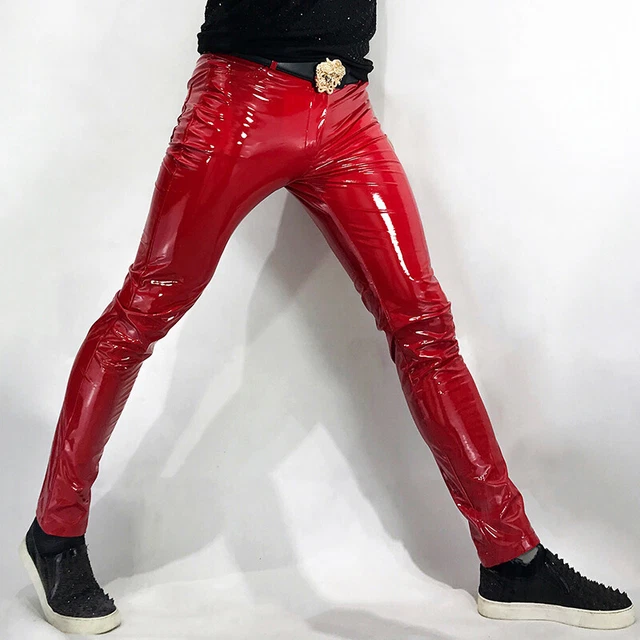 MEN FAUX LEATHER Pants Metallic Shiny Wet Look Skinny Leggings Trousers ...